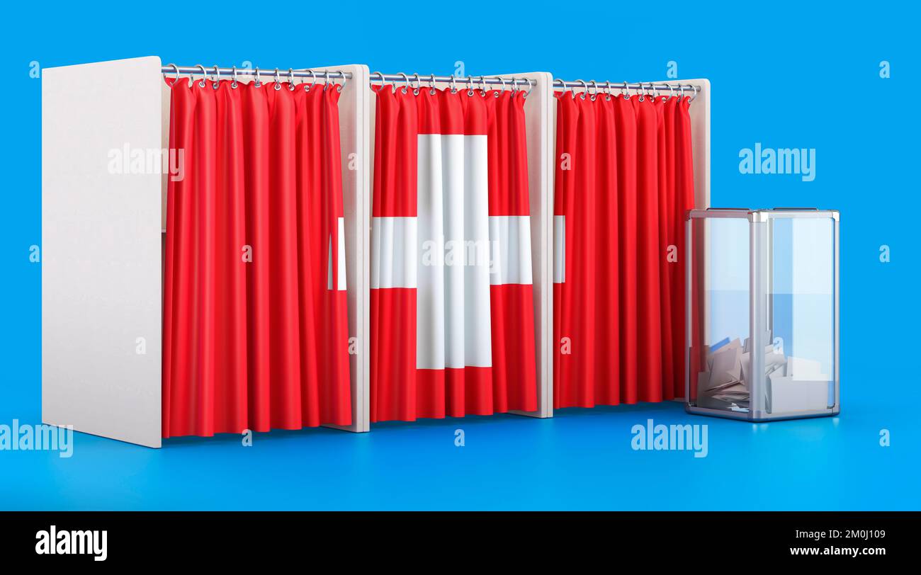 Voting booths with Swiss flag and ballot box. Election in Switzerland, concept. 3D rendering ...