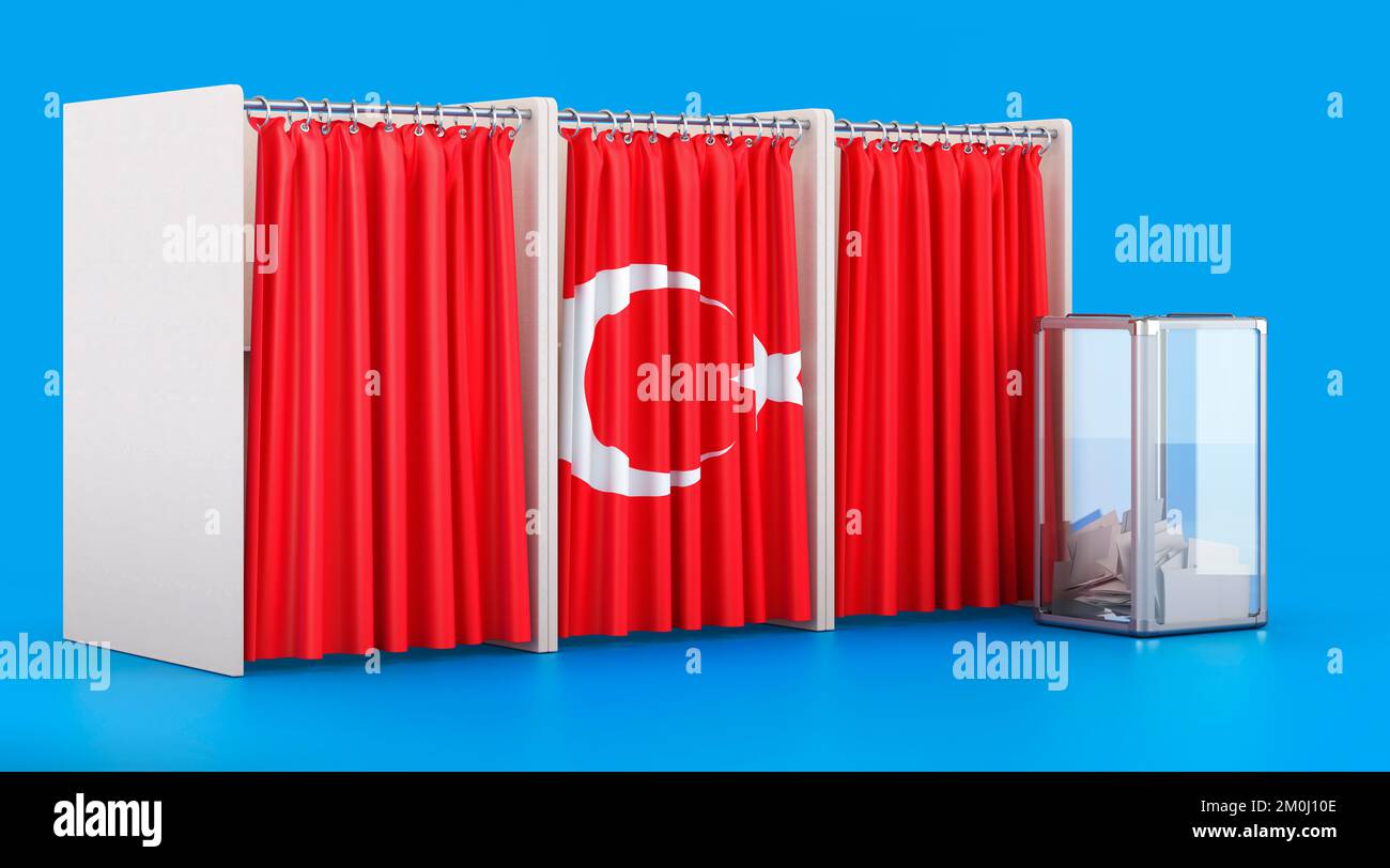 Voting booths with Turkish flag and ballot box. Election in Turkey, concept. 3D rendering ...