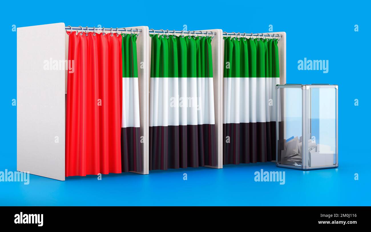 Voting booths with the United Arab Emirates flag and ballot box ...