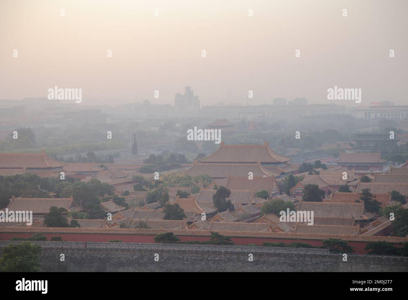 An aerial view of the Forbidden city of Bejing, China in the morning ...