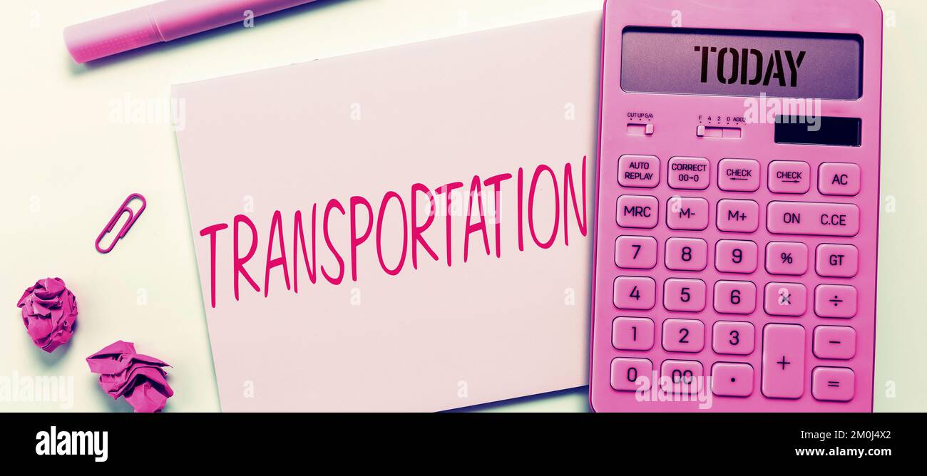 Hand writing sign Transportation. Word for Means of transporting people ...