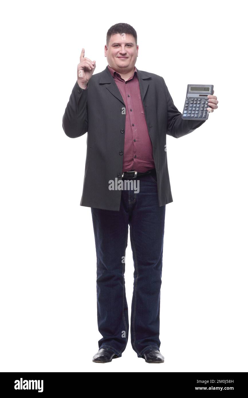 Mature business man with a calculator. isolated on a white Stock Photo ...