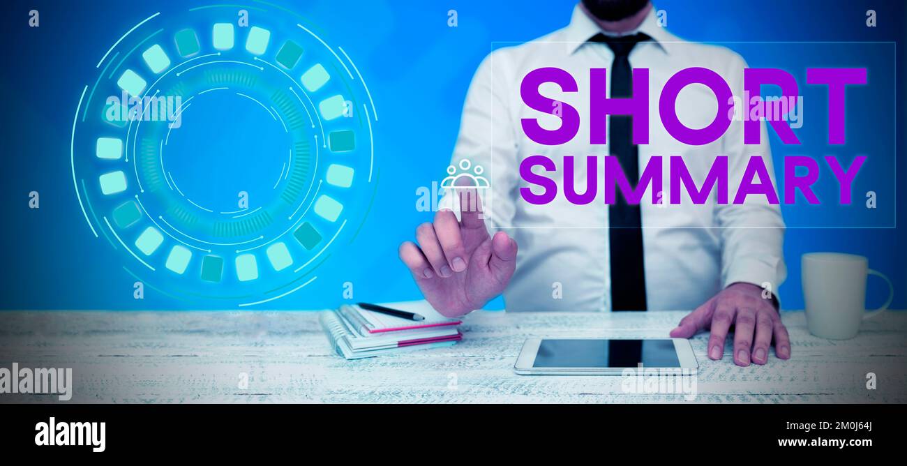 Text caption presenting Short Summary. Business idea Brief statement of main points clear Stock ...