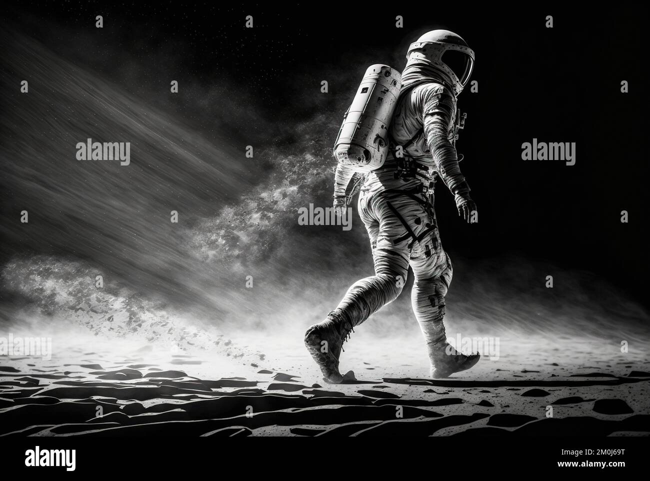 A grayscale of an astronaut running on the moon surface Stock Photo - Alamy