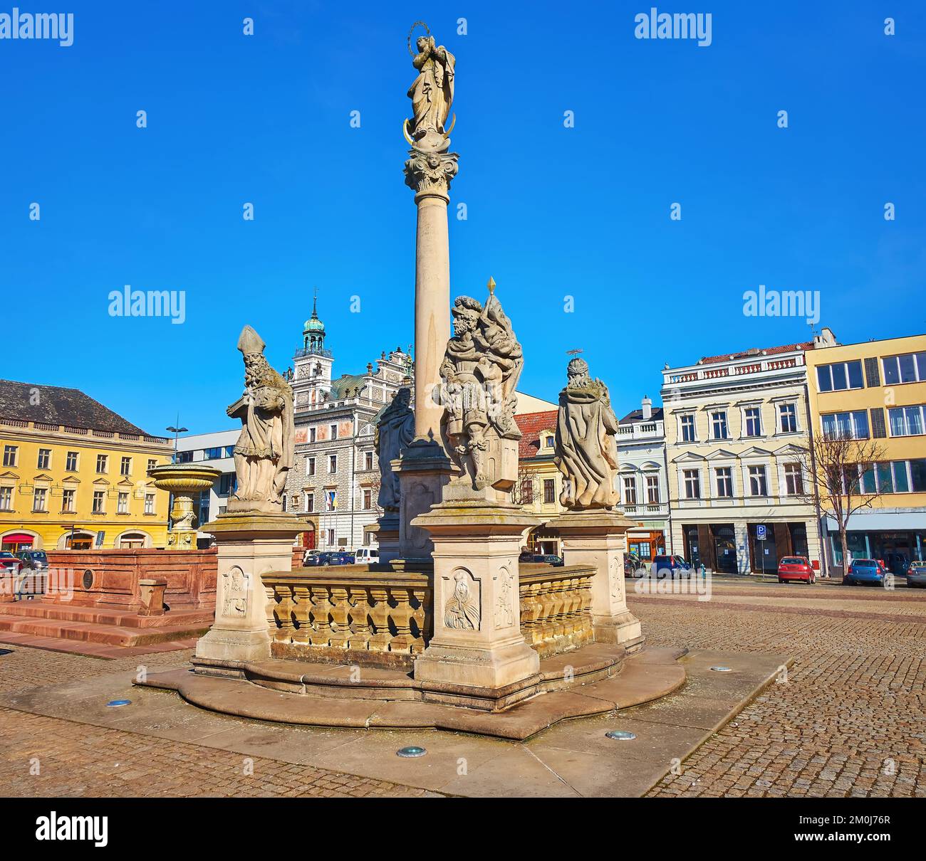 Historic city center, Karlovo Square with townhouses and stone Marian ...