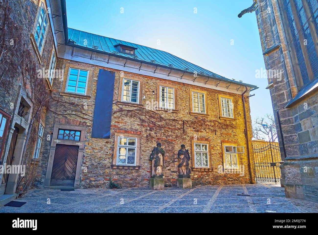 The facade of the stone Dvorakovo Museum in court of St Bartholomew ...
