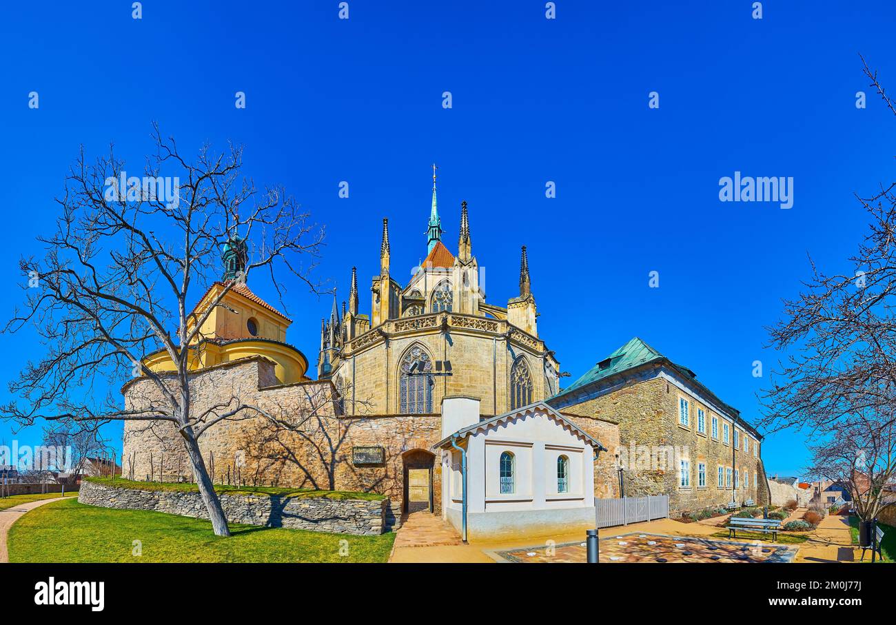 Panorama of old Gothic St Bartholomew Church from the small Zahrady na ...