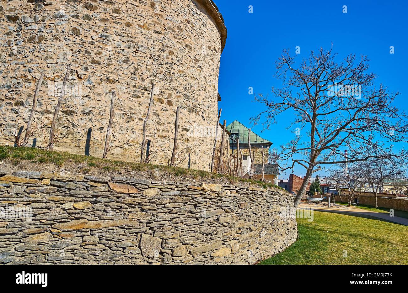 The medieval stone rampart and small Zahrady na Parkane Garden atop ...