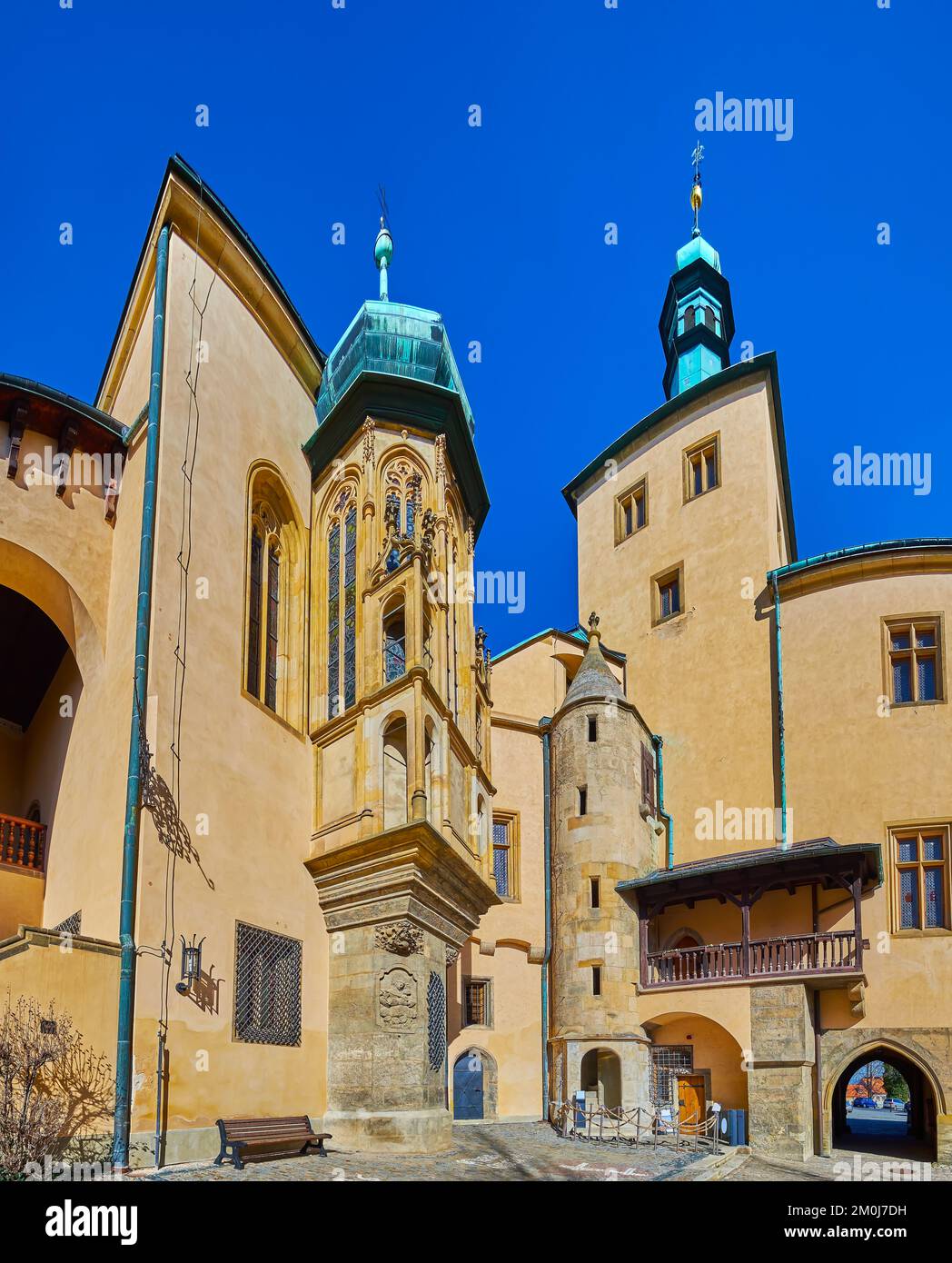 Panorama of Italian Court Palace courtyard with tall tower and Chapel ...