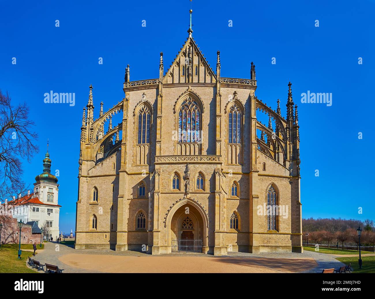 The carved stone facade of St Barbara Cathedral with relief ornaments ...