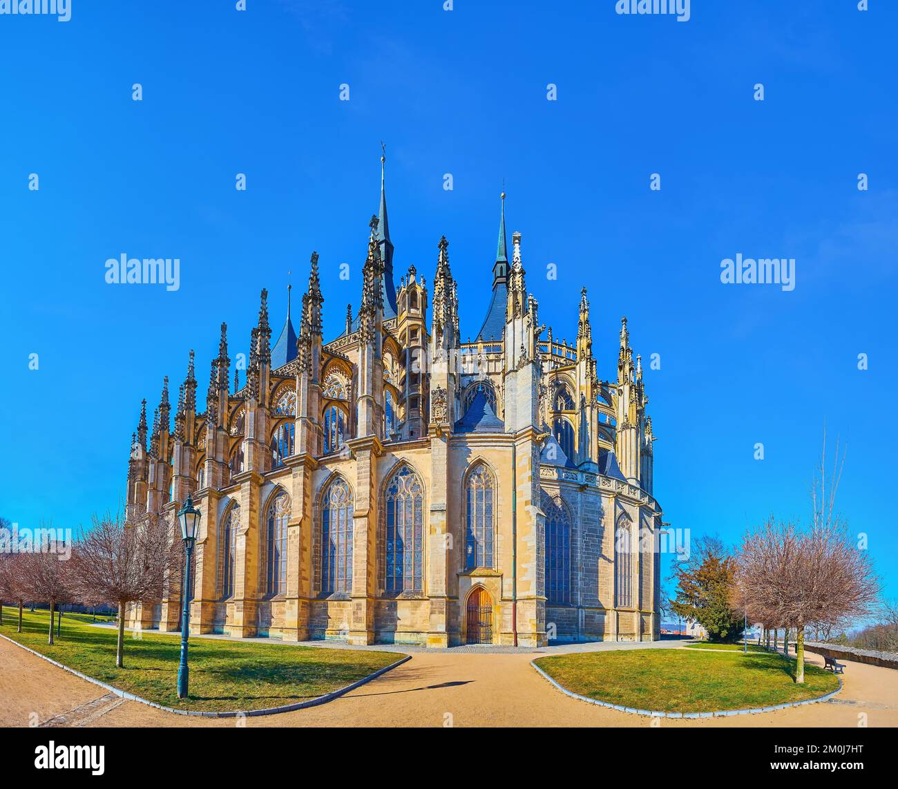 The carved towers atop the numerous buttresses of medieval St Barbara ...