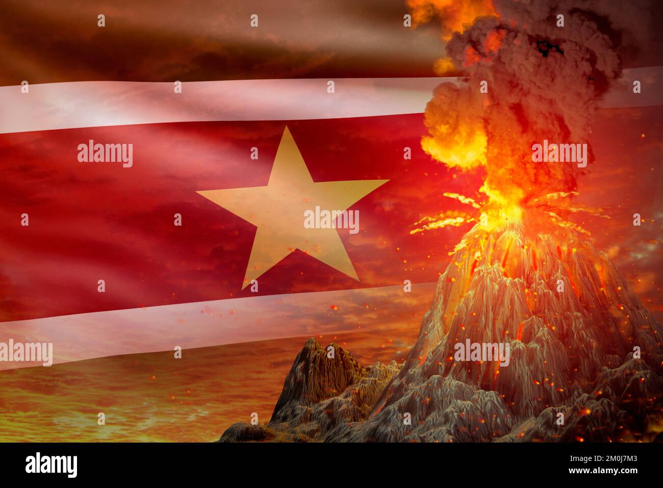 volcano blast eruption at night with explosion on Suriname flag ...