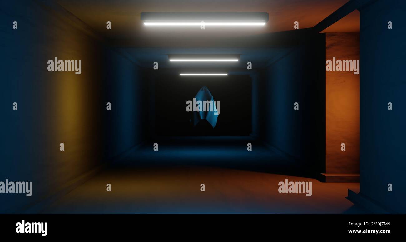 A long scary mysterious tunnel with illuminated orange lights and a ...