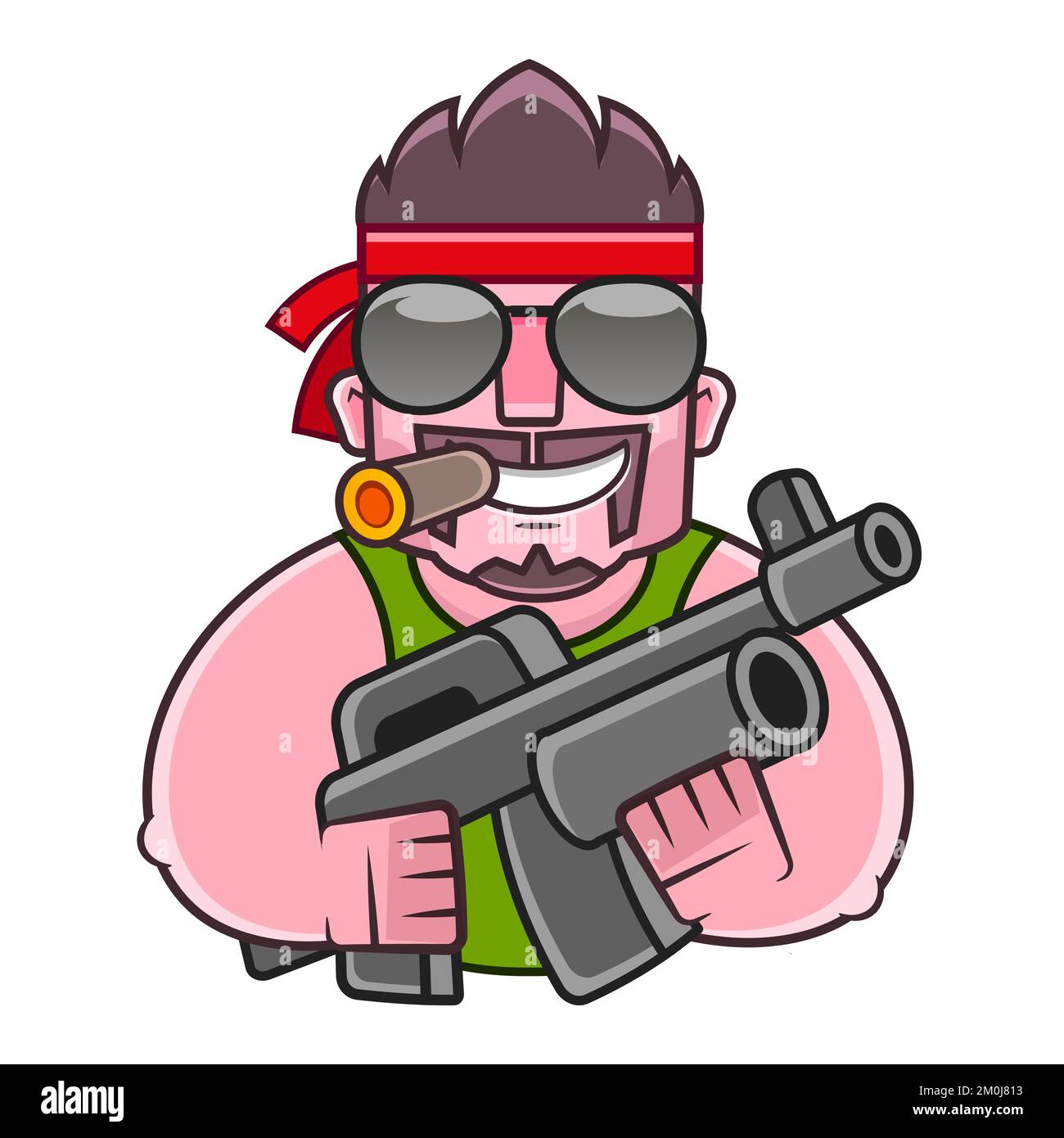 Man in military clothes on a background of green leaves with a weapon ...