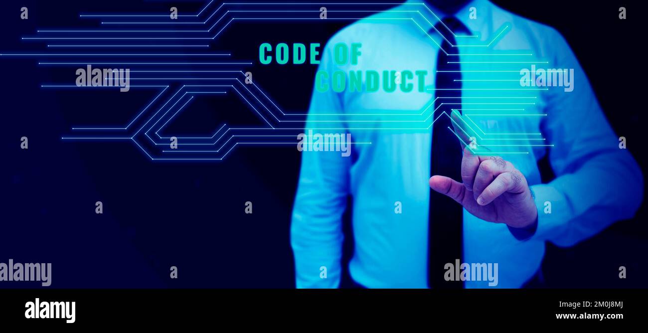 Sign displaying Code Of Conduct. Business overview Ethics rules moral ...
