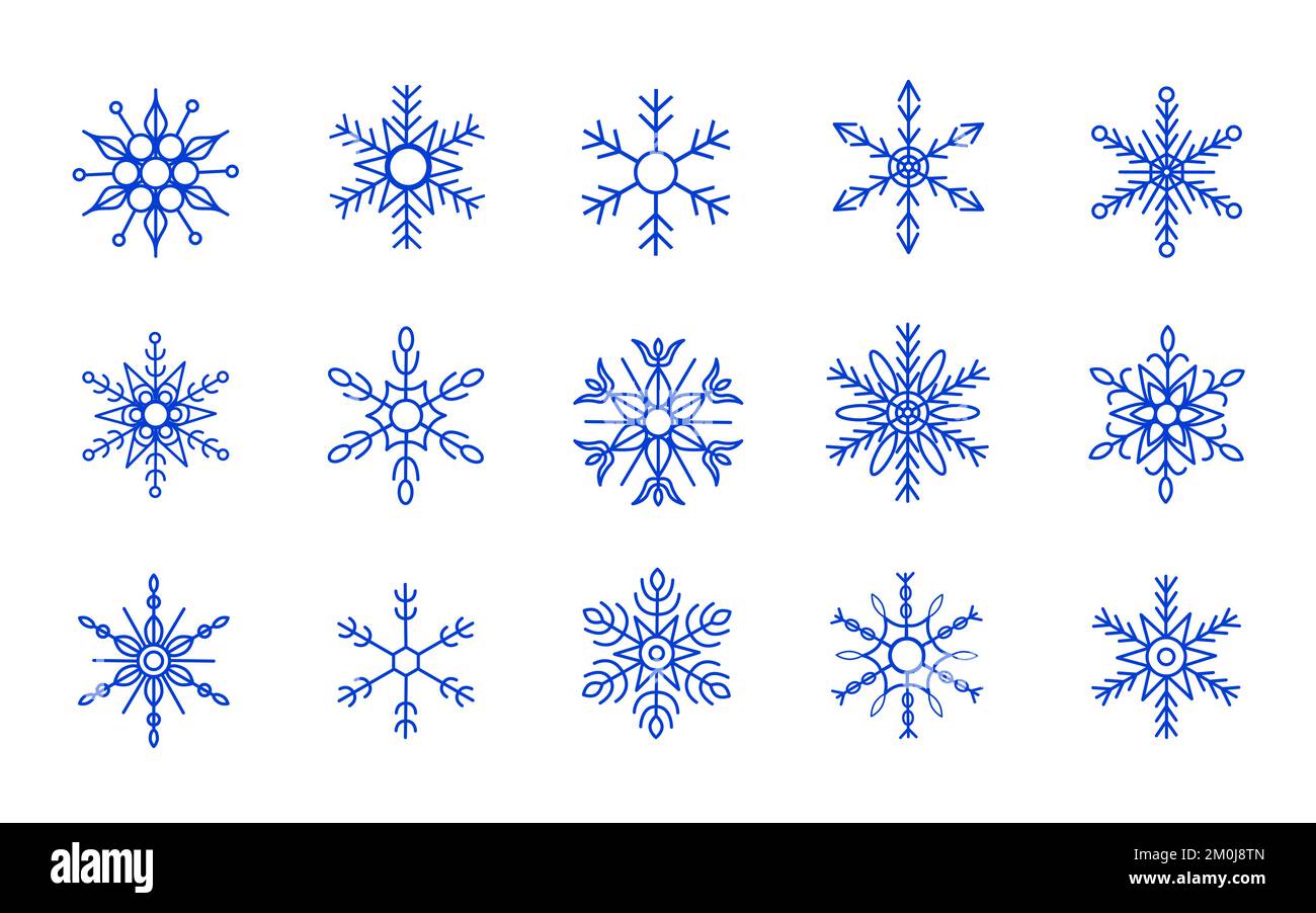 Set collection of various ornate snowflakes, blue symmetric hexagon ...
