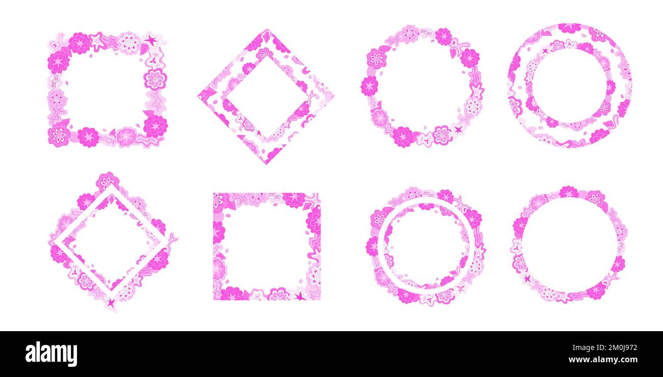 Floral wreath set, pink square and round doodle frames, made of flower ...