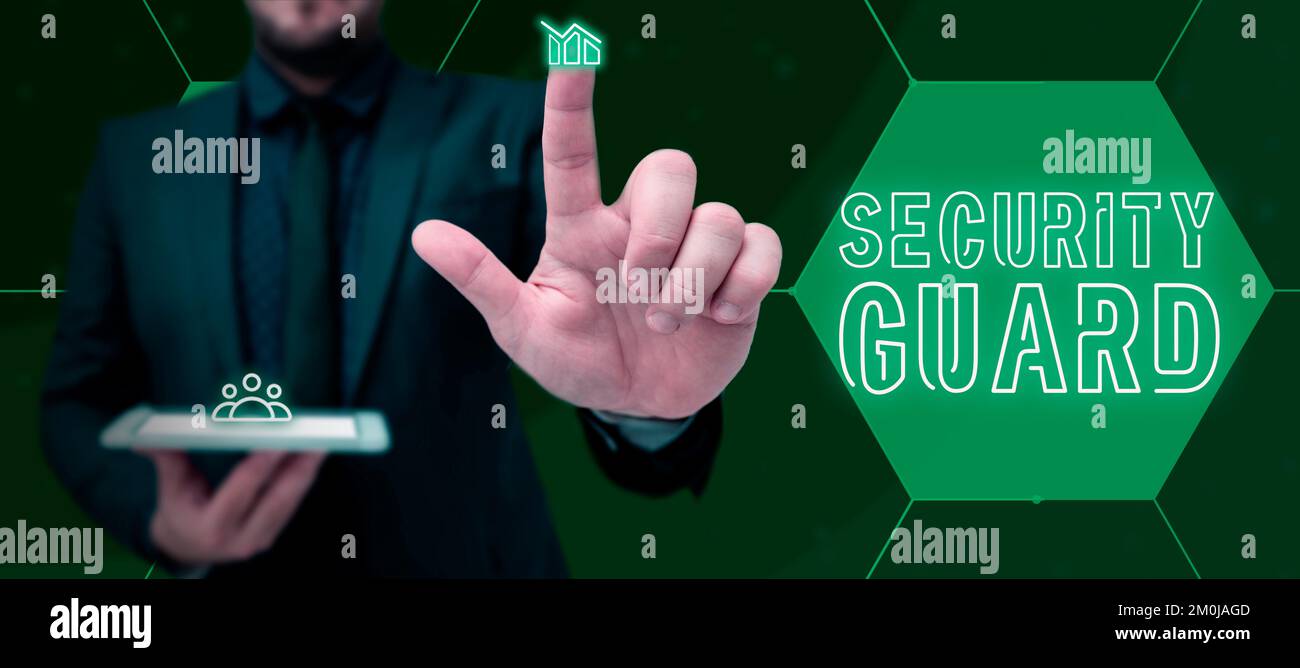 Hand writing sign Security Guard. Business overview tools used to ...