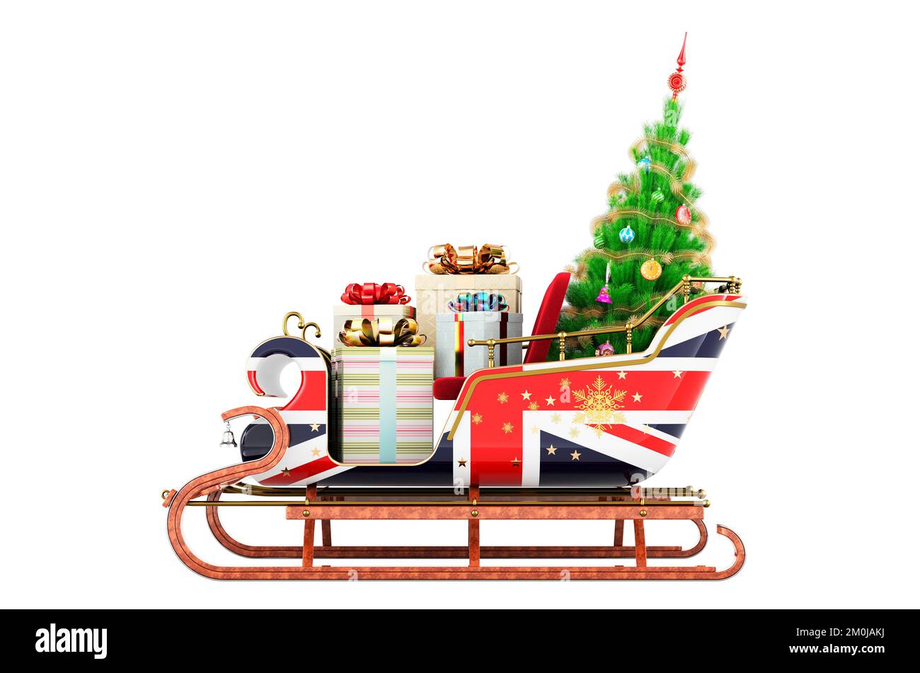 British flag painted on the Christmas Santa sleigh, full of gifts and ...