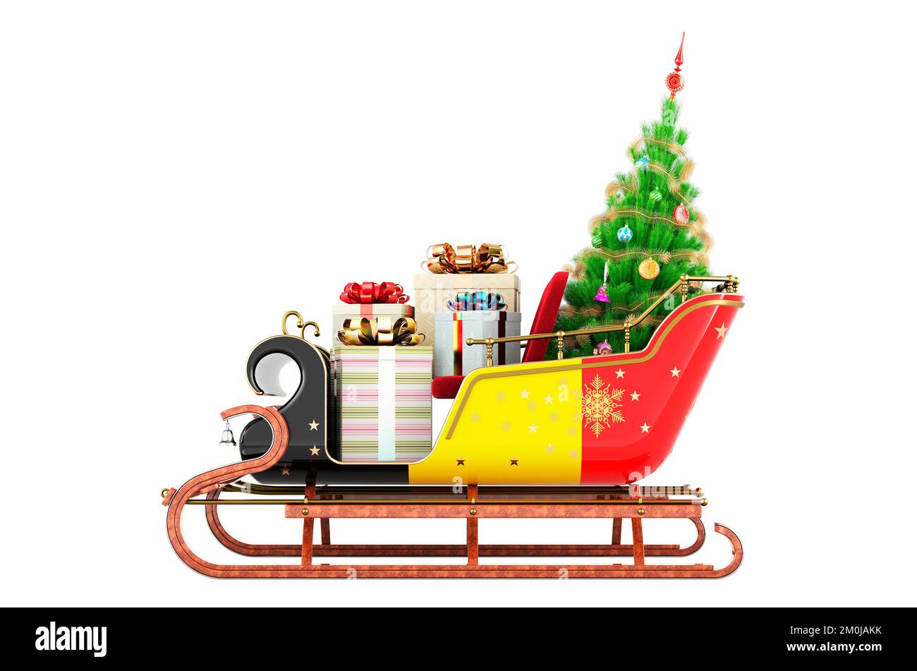 Belgian flag painted on the Christmas Santa sleigh, full of gifts and ...