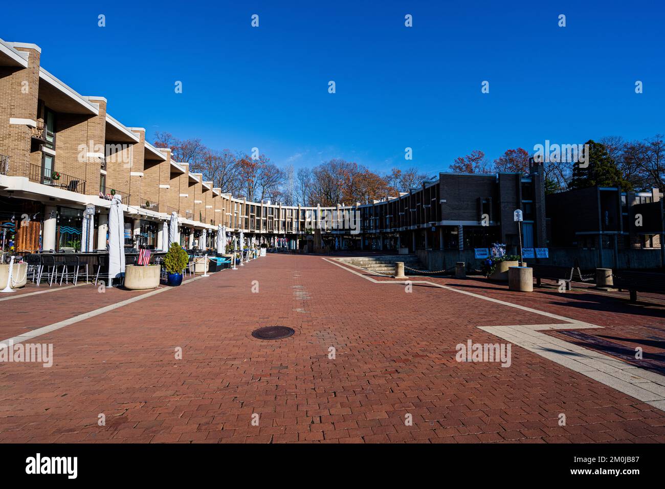 An ultra-wide photo of a deserted Lake Anne Plaza taken on a cold ...