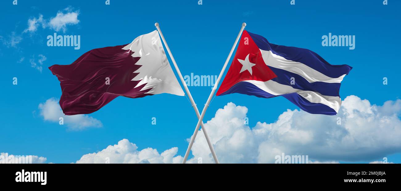 two crossed flags Cuba and Qatar waving in wind at cloudy sky. Concept of relationship, dialog ...