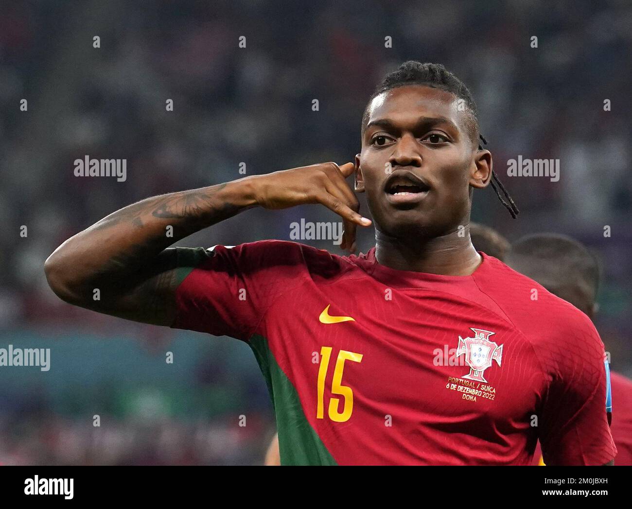 Portugal's Rafael Leao (centre) celebrates scoring their side's sixth ...