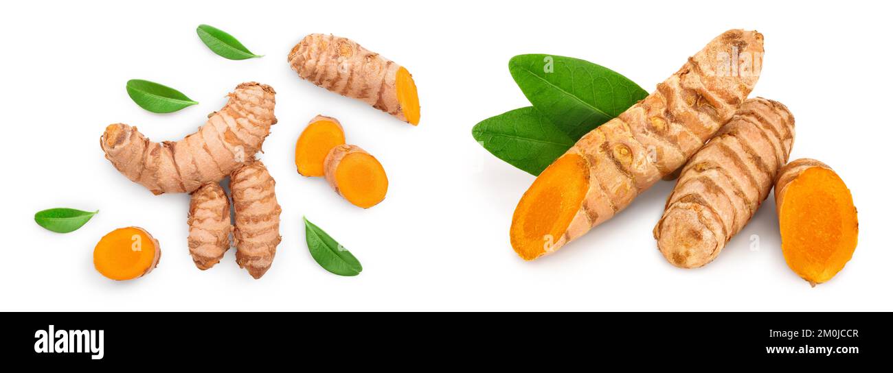 turmeric root and slices isolated on white background. Top view. Flat ...