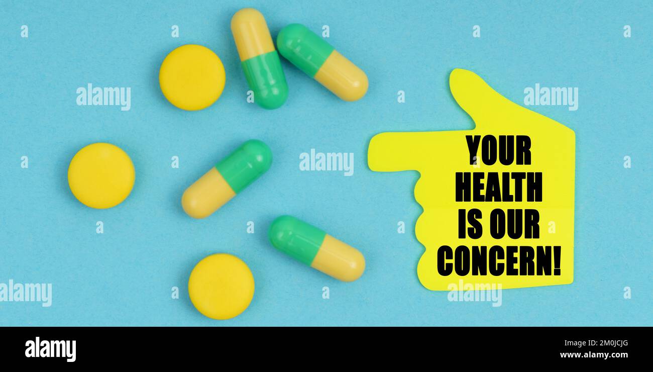 Medicine and health concept. On a blue background, there are pills and ...