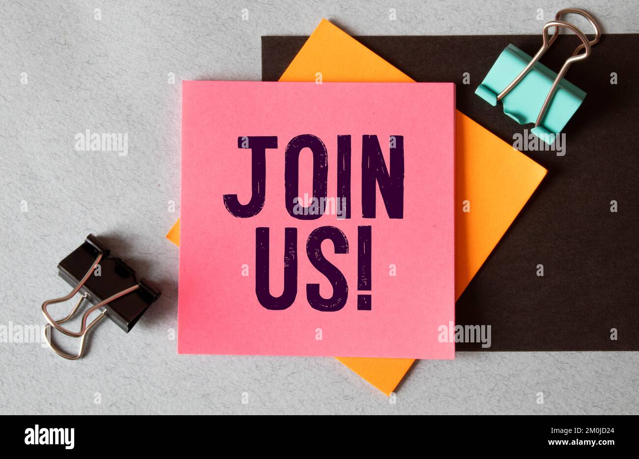 Join us - note at blue background with copy space for text, template or ...