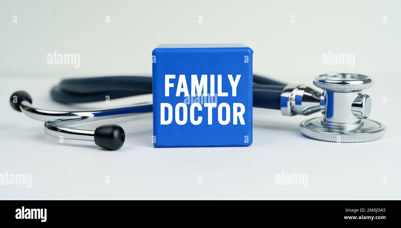 Medicine and health concept. On the table is a stethoscope and a blue ...