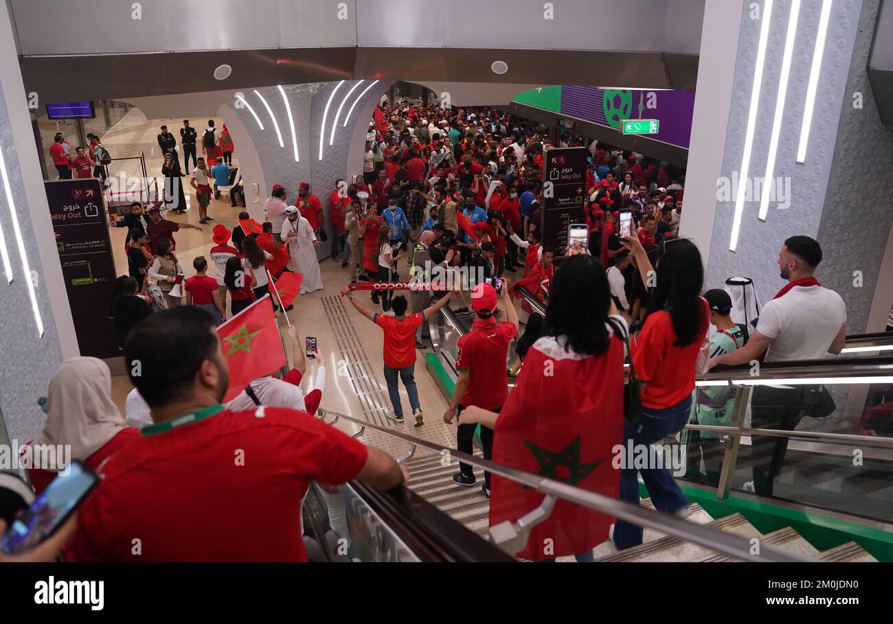 Morocco fans at the metro station after victory over Spain in the FIFA ...