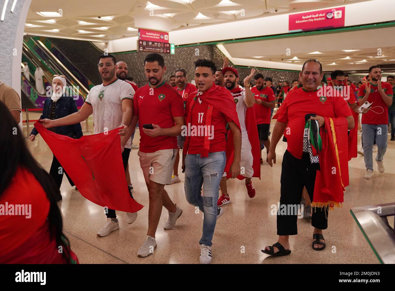 Morocco fans at the metro station after victory over Spain in the FIFA ...