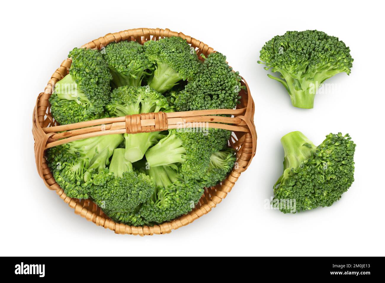 fresh broccoli in wicker basket isolated on white background close-up ...