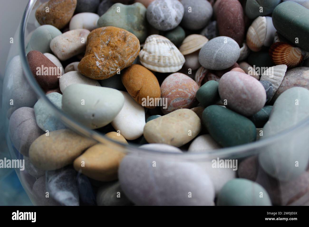 Edge of a clear glass bowl filled with smooth sea pebbles and shells ...