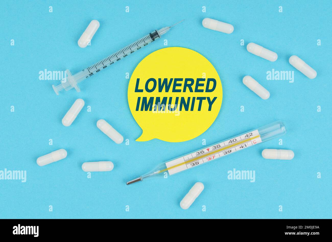 Medicine and health. On a blue background, among the pills, a ...