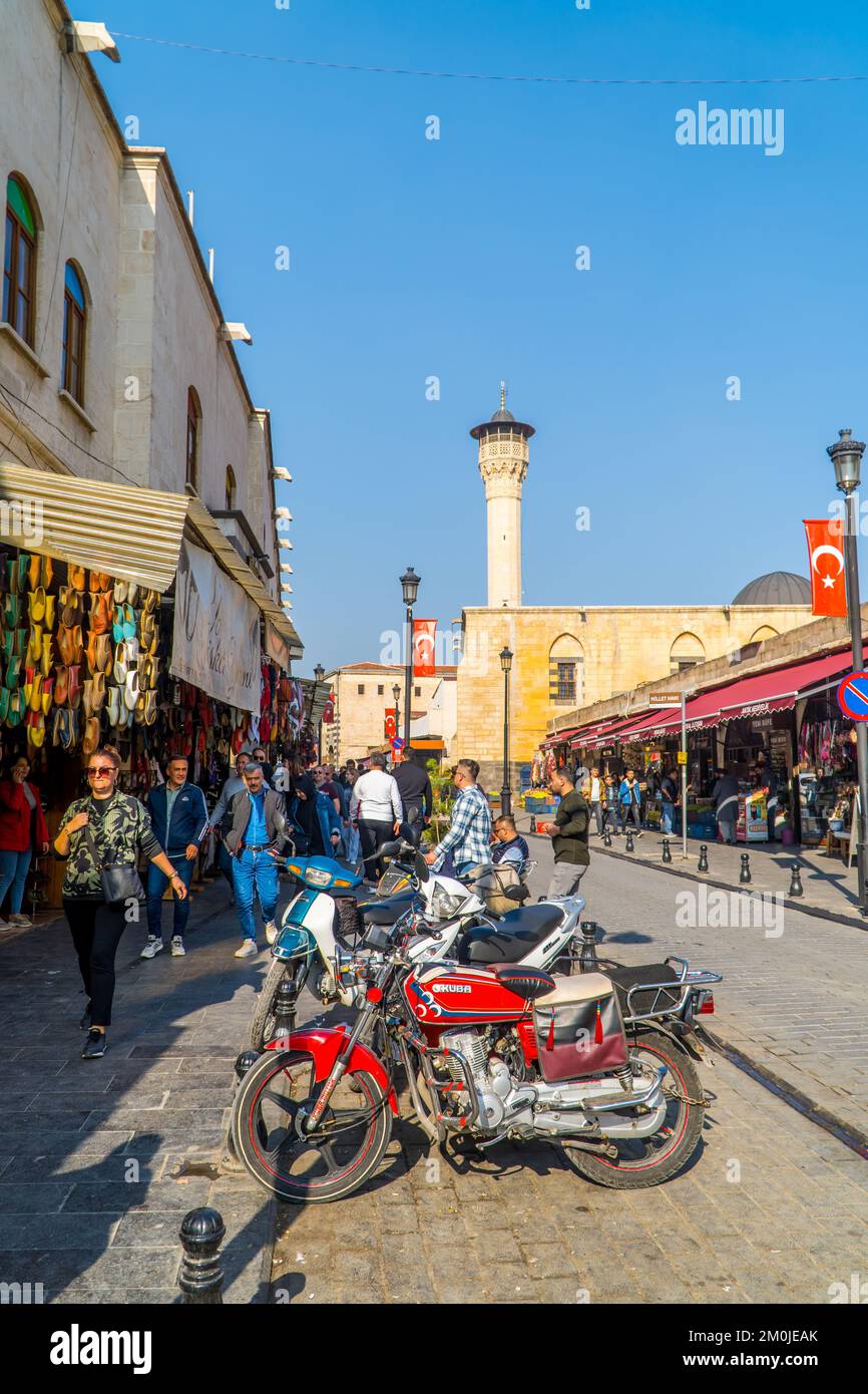 The street view of Gaziantep and people shopping in spice shops in the ...