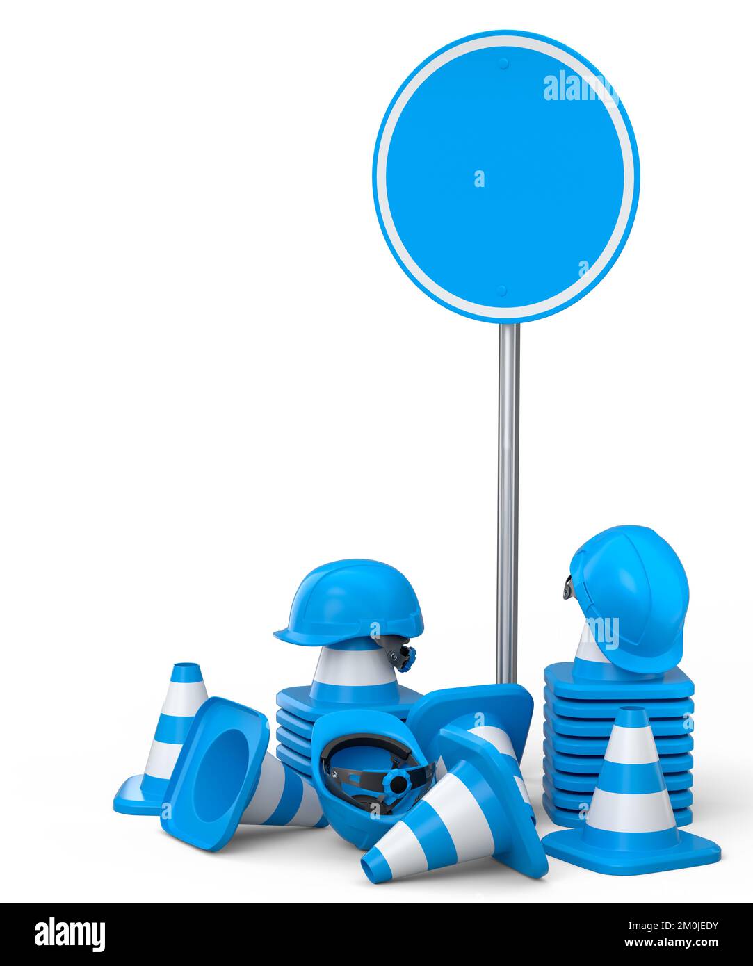 Set of safety helmets or hard hats and traffic cones, road sign for ...