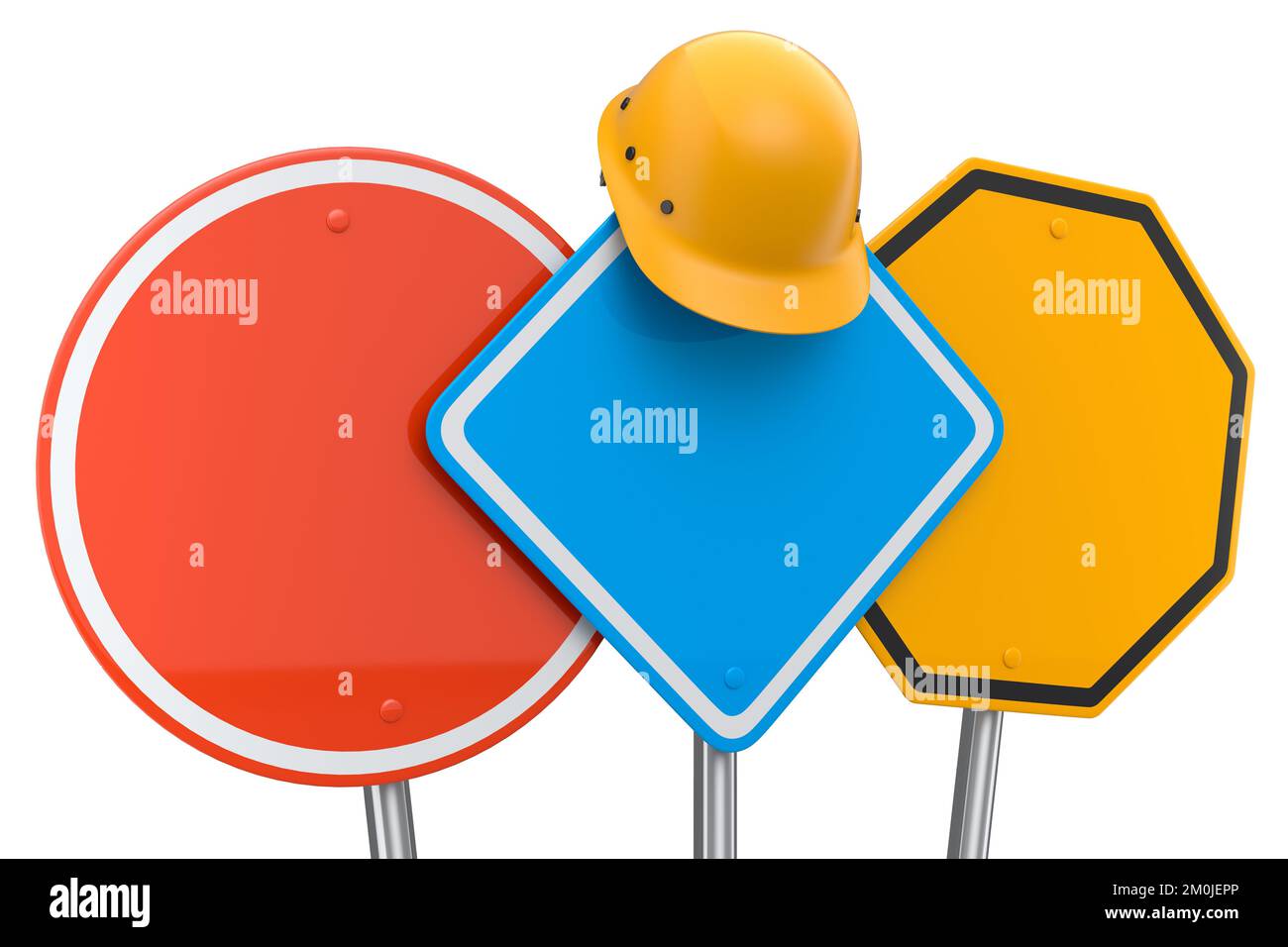 Set of safety helmet or hard hat on road traffic signs on pole isolated ...