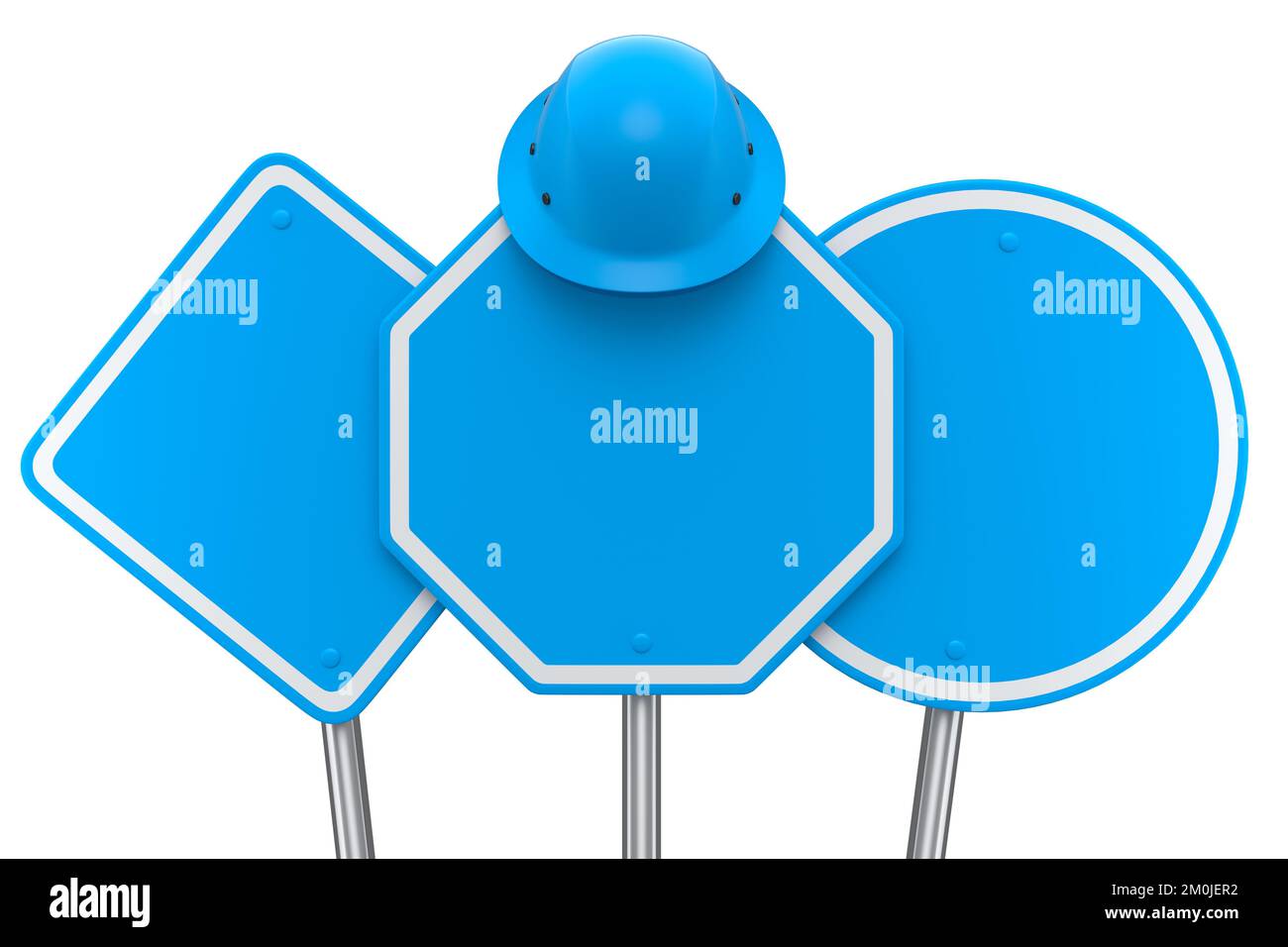 Set of safety helmet or hard hat on road traffic signs on pole isolated ...