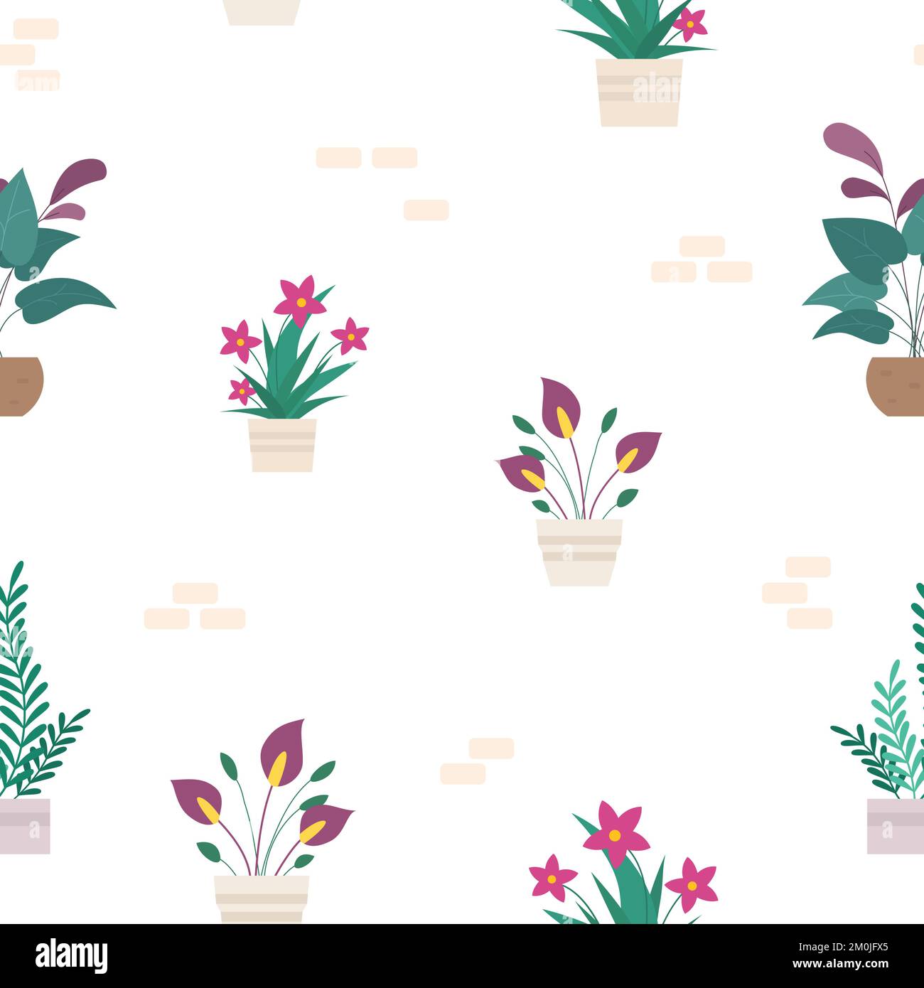 Cute seamless pattern with house plants in pots. Trendy vector Stock ...