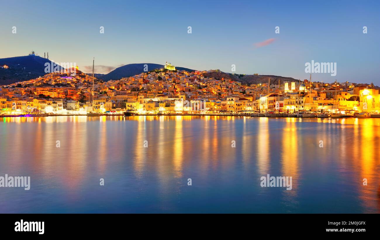 The dusk at the port of Hermoupolis in Syros island, Greece Stock Photo ...