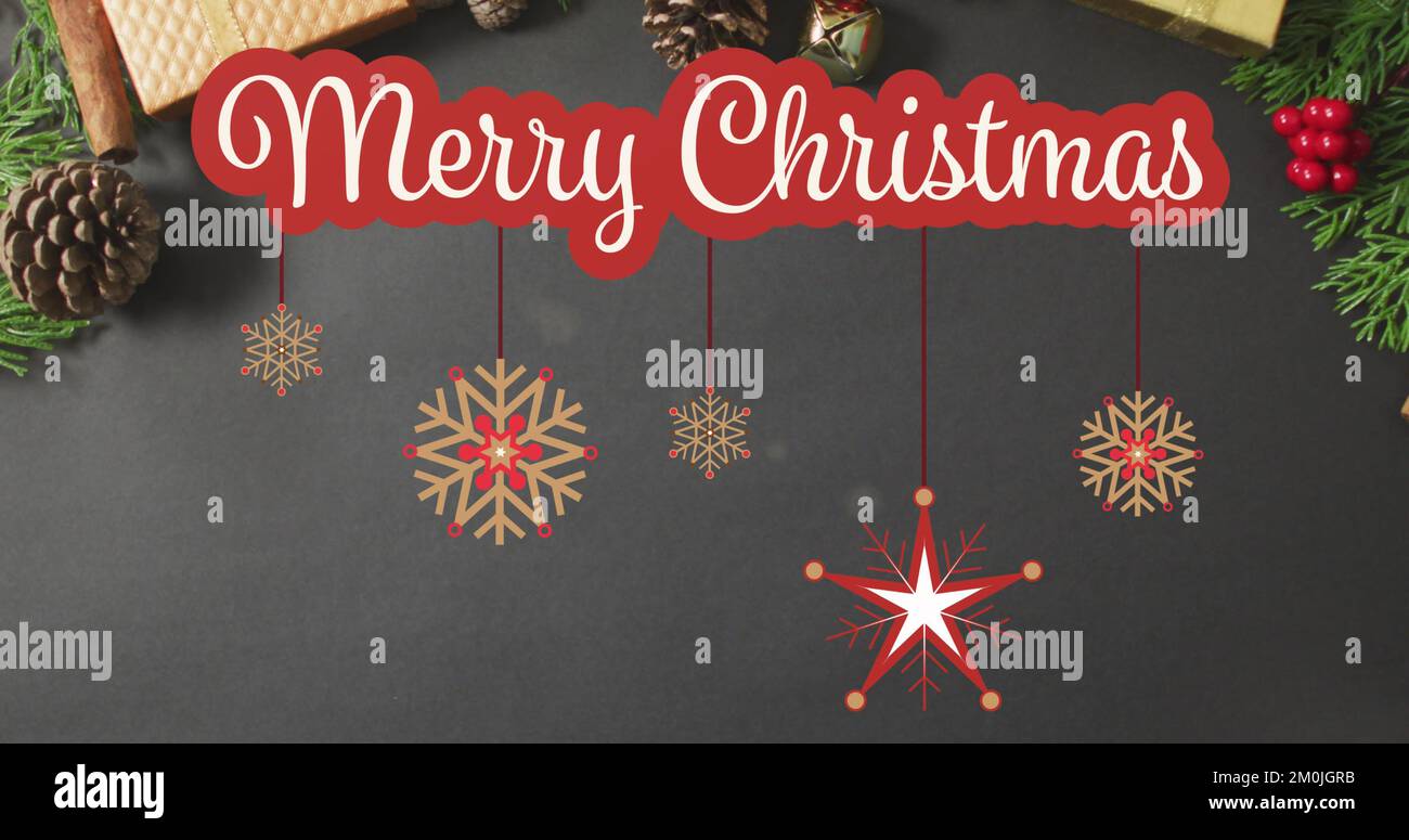 Merry christmas text banner against multiple christmas decorative items ...