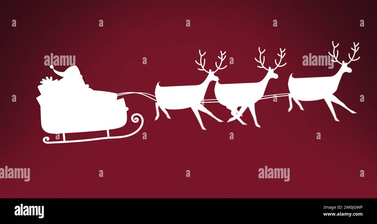 Image of santa claus in sleigh with reindeer over fireworks on burgundy ...
