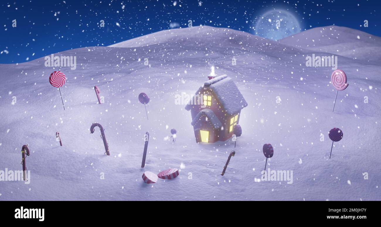 Image of christmas cottage, candy canes and lollipops in winter ...