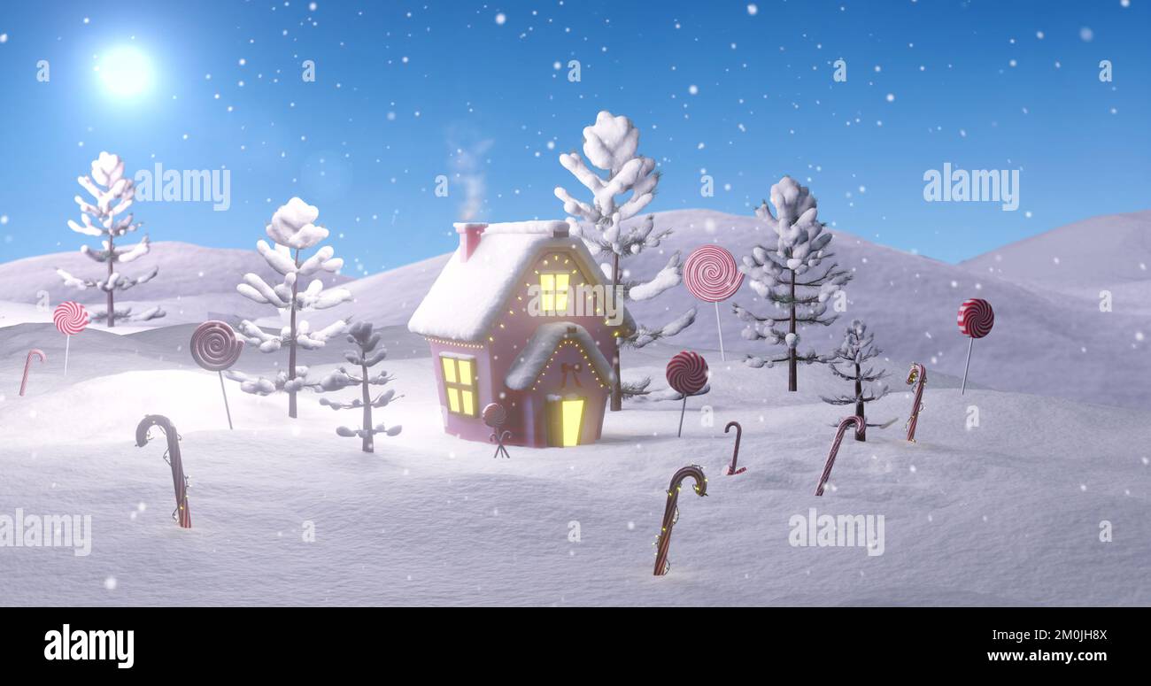 Image of christmas cottage and trees in snow with candy canes ...