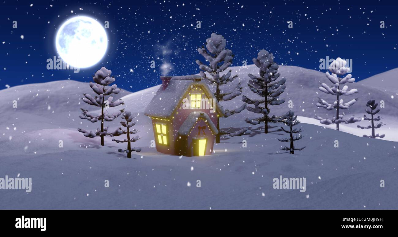 Image of christmas cottage and trees in snow at night, with full moon ...