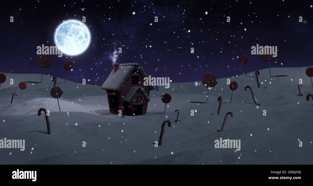 Image of christmas cottage in winter at night with candy canes ...