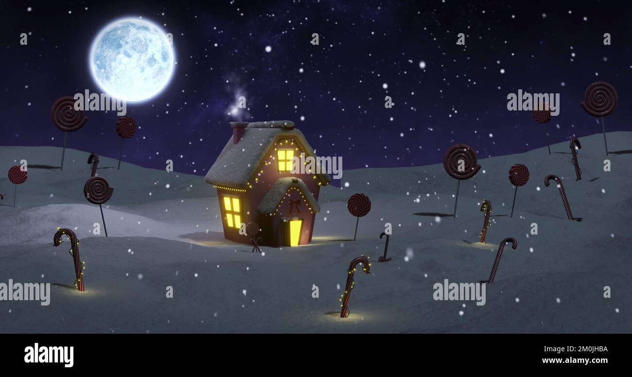 Image of christmas cottage in winter at night with candy canes ...