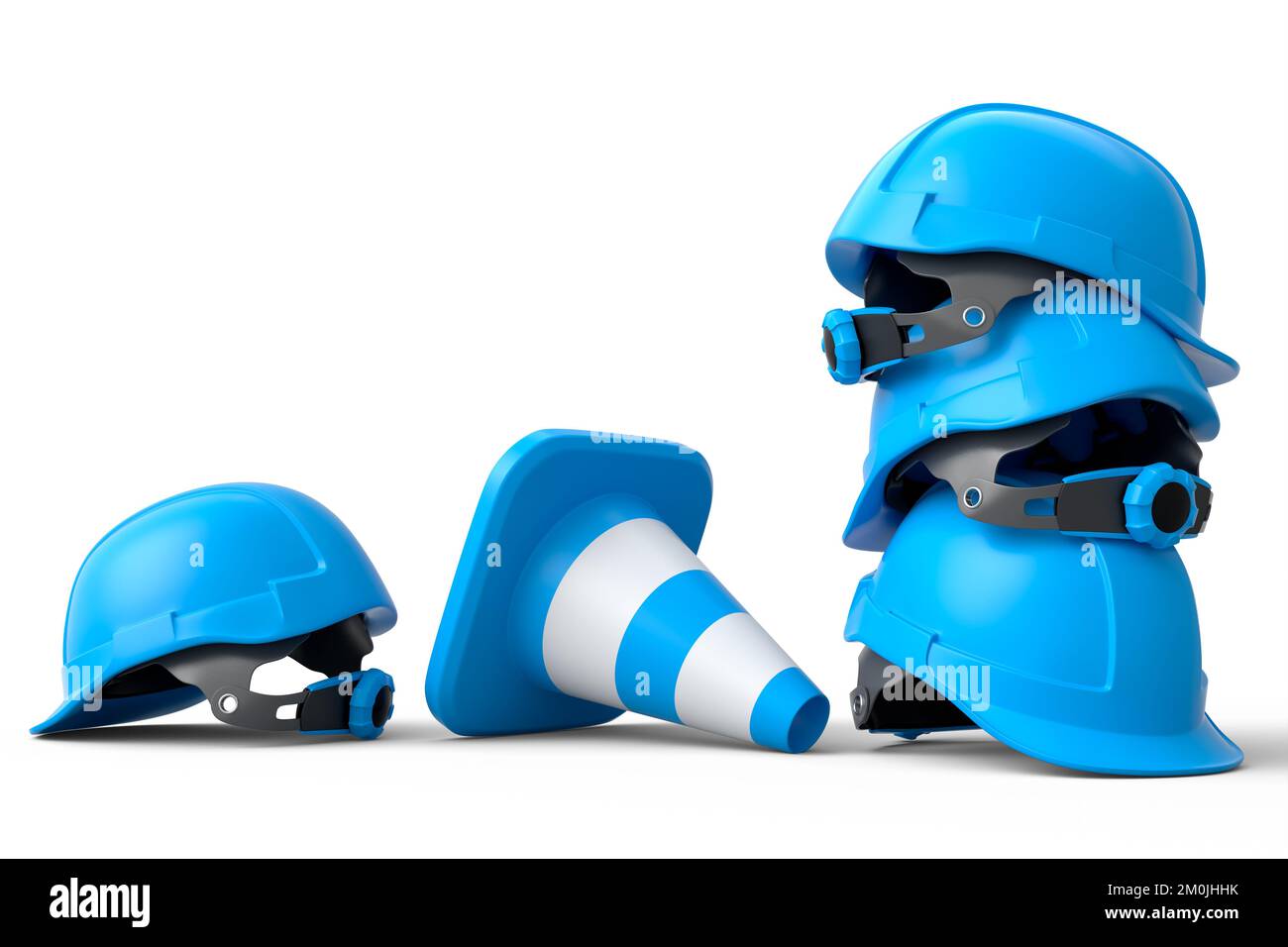 Stack of safety helmets or hard hats and traffic cones for under ...